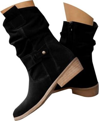 Generic Bottes en daim &agrave; enfiler &agrave; bout pointu &agrave; talon bas pour femme | Confortables Bottes &agrave; boucle mi-mollet avec bout pointu &agrave; talon bas Bottes de marche c