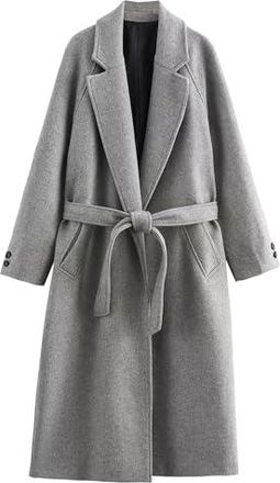 Generic Long Trench Coats for Women Fashion Winter Open Front Long Overcoats Notch Lapel Wrap Tie Belted Jacket Warm Grey Small