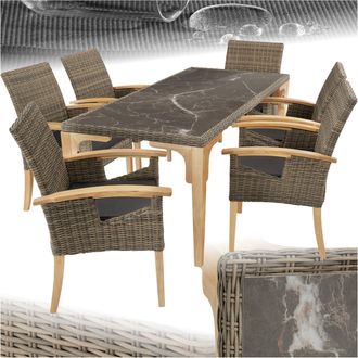 TecTake Rattan M&ouml;bel Set, 6X St&uuml;hle, 1x Tisch, modern, Korbsessel mit Armlehne, Esstisch Marmor Optik, Esszimmer Lounge Gartenm&ouml;bel f&uuml;r Balkon, Terrasse, Wint
