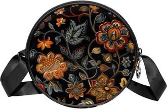 Generic Petit sac &agrave; bandouli&egrave;re rond pour femme, style ethnique, boh&egrave;me, floral, avec fermeture &eacute;clair, bretelles r&eacute;glables, sac &agrave; main rond d&eacute;contract&eacute; pour 