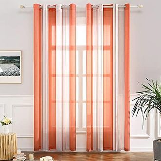 Miulee Rideaux Voilage &agrave; Rayures Blancs et Orange, Voilages Int&eacute;rieurs avec Oeillets, Beaux Voile Rideau Voilage Fenetre Chambre, Lot de 2 Transparent Rideau