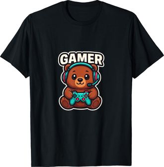 Hello Kitty Gaming B&auml;r mit Headset und Controller Comic Gamer Stil S&uuml;&szlig; T-Shirt