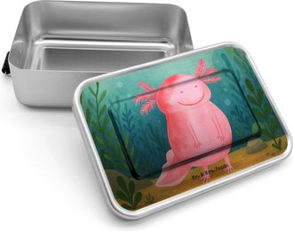 Mr. & Mrs. Panda Brotbox Axolotl Gl&uuml;cklich Design - Geschenk, Brotdose Metall, Lunchbox, Lebensfroh, Motivation, gut Gelaunt, Axolot, Metallbox, Schwanzlurch, Lurch