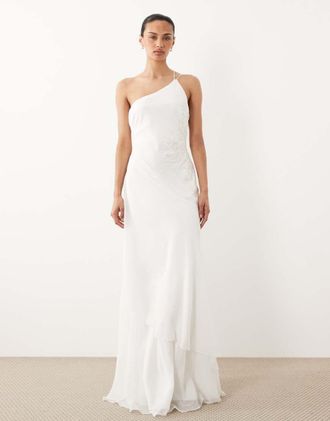 Six Stories Gestuftes Maxikleid aus Chiffon in Wei&szlig; mit One-Shoulder-Tr&auml;ger und verziertem Detail