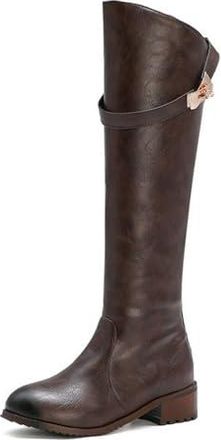 Generic Bottes hautes à fermeture éclair latérale pour femme Bout rond Talon bloc Bas Chaussures dhiver tendance avec boucle de ceinture, marron, 39.5 EU