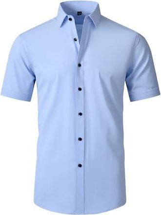 Generic Chemise &agrave; manches courtes pour homme, d&eacute;contract&eacute;e, extensible, boutonn&eacute;e, unie, classique, &eacute;l&eacute;gante, confortable, l&eacute;g&egrave;re, pour affaires, &eacute;t&eacute;, Bleu (0