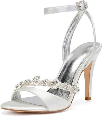 Generic Chaussures De Mariage Femme Sandale À Talon Mariée Bout Ouvert Mariée Cheville Heeled Sandales Talons Aguilles Sexy 10.5Cm,Ivoire,38 EU