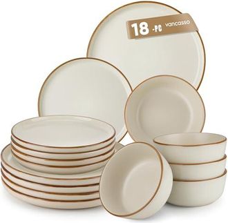 VANCASSO Série RENO Service de Table 18 Pièces en Porcelaine, Service Vaisselle 6 Personnes, avec 6 Assiettes Plates, 6 Assiettes à Dessert, 6 Bols à Céréales,