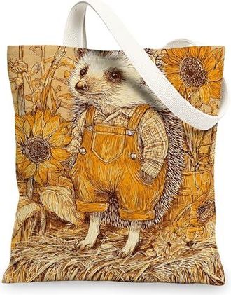 Generic Sacs en toile avec motif hérisson, sacs dépicerie réutilisables vintage, légers, lavables pour sortie, jaune, 33 x 15 cm