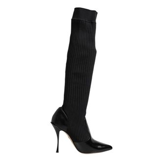 Dolce & Gabbana Schwarze Leder-Rippstrickstiefel - - Shoes - Damen - Schwarzk - 38 EU