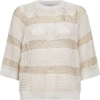 Brunello Cucinelli Femme, Pulls, Beige, Taille: 40 FR Pull Ray&eacute; Orn&eacute; de Sequins