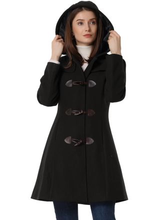 Allegra K Damen Wintermantel Mitte Oberschenkel Kapuze Toggle Duffle Long Coat, Schwarz, XL
