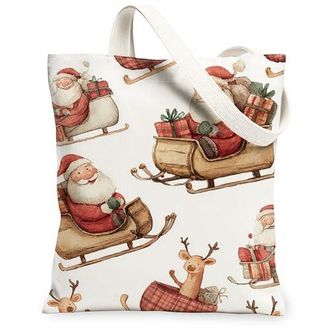 Generic Sacs fourre-tout en toile de No&euml;l, motif renne du P&egrave;re No&euml;l, sacs d&eacute;picerie, sacs d&eacute;picerie vintage, l&eacute;gers et lavables avec bandouli&egrave;re, Blanc, 13x15