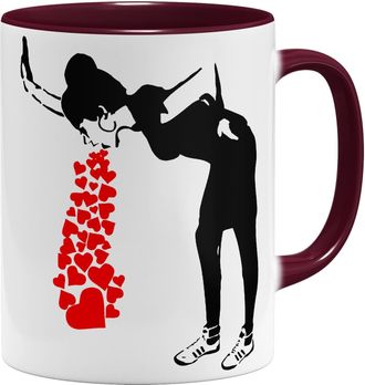 OM3 Banksy Kaffee-Tasse mit Love Sick Girl - Liebeskummer Streetart Love - Keramik Becher - 325ml - Beidseitig Bedruckt - Bordeaux
