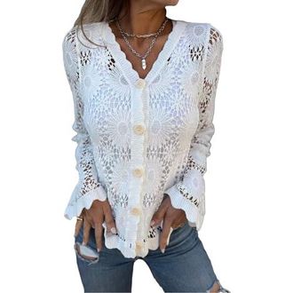 Generic Haut à manches longues et col en V brodé avec découpes et boutons pour femme, cardigan dété à manches cloches, motif floral décontracté, blanc, XXL
