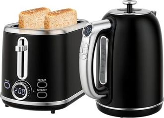 HOMCOM Ensemble bouilloire et grille-pain en inox, écran LED, bouilloire 2200 W 1,7 L, fonction mémoire de maintien au chaud, grille-pain 2 tranches, 6 nivea