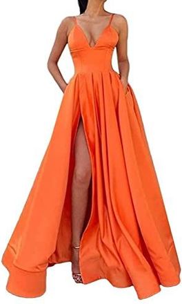 Onsoyours Robe Sexy Femme à Bretelles Robe de Plage Casual Decontractée Uni Couleur Vêtement Femme Pas Cher Robe Soirée Cocktail Chic D Orange M