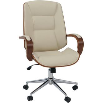 Hhg [NEUWERTIG] B&uuml;rostuhl HHG-539, Drehstuhl Chefsessel, Kunstleder (280g/m&sup2;) Bugholz MVG-zertifiziert Walnuss-Optik creme