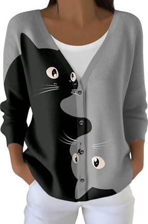 Generico Cardigan en tricot à manches longues épais et élégant pour femme pour la mi-saison avec imprimé de chat Vêtements de mode dhiver Manteau en tricot pou