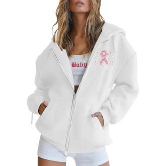 Generic Vestes pour femmes 2026 Sweat &agrave; capuche zipp&eacute; &agrave; manches longues pour femme, blanc, XXL