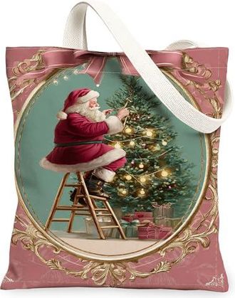 Generic Sacs fourre-tout en toile motif P&egrave;re No&euml;l r&eacute;tro, r&eacute;utilisables, &eacute;l&eacute;gants, l&eacute;gers, lavables, p&ecirc;che, 13x15 Inch