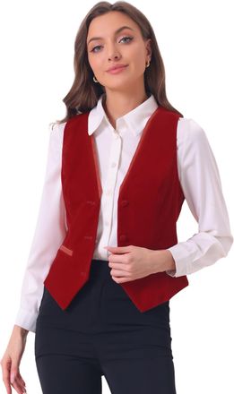 Allegra K Damen Anzugweste Samtweste Retro &Auml;rmellos V-Ausschnitt Steampunk Weste Rot L