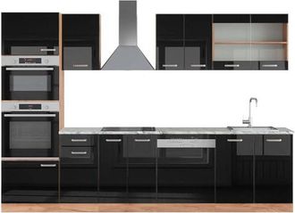 Vicco Cuisine R-Line, Noir Brillant/Ch&ecirc;ne dor&eacute;, 300 cm avec Armoire Haute, PT Marbre