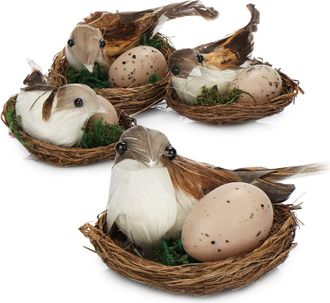 Com-Four 4X Osternest mit Sperling-Vogel und Ei - Oster-Deko - Mini-Vogelnest mit brütendem Spatz - Frühlingsdeko (4 Stück - Nest mit Vogel + Ei)