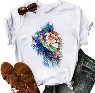 Keephen Color&eacute; Lion/Cheval/Tigre/Loup Impression 3D T-Shirt Femmes Animal Graphique Tees Casual Manches Courtes Col Rond T-Shirt &Eacute;t&eacute; Coupe L&acirc;che Tops