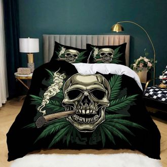 Generic Schwarz Bedrucktes 3-teiliges Bettwäsche-Set 180 x 200 cm - Microfaser Bettbezug Mit Reißverschluss für Kinder und Erwachsene - Zigarettenschädel Must