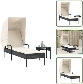 vidaXL The Living Store Sonnenliege mit Dach und Tisch Schwarz Poly Rattan - Sonnenliege mit Dach