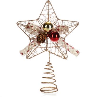 Com-Four Deko Weihnachts-Stern - goldfarbener Stern mit Schleife, Zapfen und Kugeln - Christbaum-Schmuck - glitzernde Weihnachtsdekoration zum Hinstellen (gold