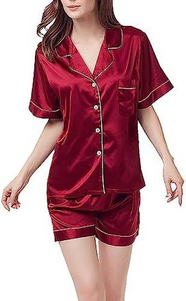 Generic Vêtements de nuit en satin pour femme - Ensemble de pyjama en satin soyeux à manches courtes - Ensemble de vêtements de nuit à manches courtes - Ensem