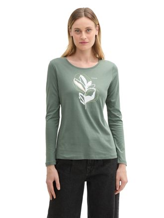 Tom Tailor Damen Longsleeve aus Baumwolle mit Print, 13182 - Pale Bark Green, XXXL