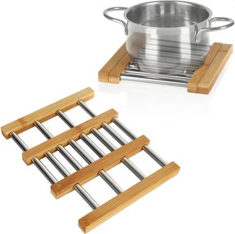 Com-Four 2X Topf-Untersetzer aus Bambus und Edelstahl - ausziehbarer Untersetzer - K&uuml;chenzubeh&ouml;r - gr&ouml;&szlig;enverstellbare Holzunterlage (2 St&uuml;ck - Bambus/Edelstahl