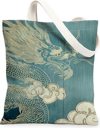 Generic Sac fourre-tout vintage en toile, motif nuage de dragon, sacs &agrave; provisions r&eacute;utilisables, l&eacute;gers et lavables avec bandouli&egrave;re, bleu, 13x15 Inch