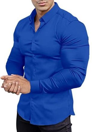 Generic Chemise &agrave; manches longues pour homme - &Eacute;l&eacute;gante chemise de loisirs - Coupe ajust&eacute;e - Col montant - Chemise traditionnelle - Stretch - Chemise &agrave; manche