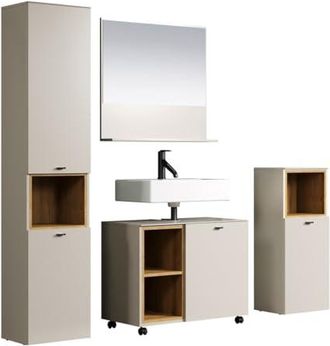 Trendteam Sao Paulo - Badm&ouml;bel-Set - Kashmir (Beige)/Evoke Eiche - Hochschrank, Waschbeckenunterschrank Rollen, Wandspiegel, Badschrank - (BxHxT) 180 x 186 x 42