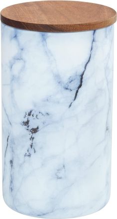 WENKO Aufbewahrungsdose Mio, Vorratsdose aus Borosilikatglas in Marmor-Optik in Blau/Weiß mit luftdicht verschließbarem Deckel aus FSC zertifiziertem braune