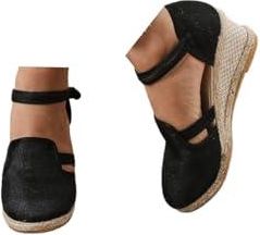 Generic Espadrilles compens&eacute;es pour femme en maille respirante &agrave; bout ferm&eacute; Chaussures dos nu Chaussures plates tendance avec sangle de cheville, e noir, 38.5