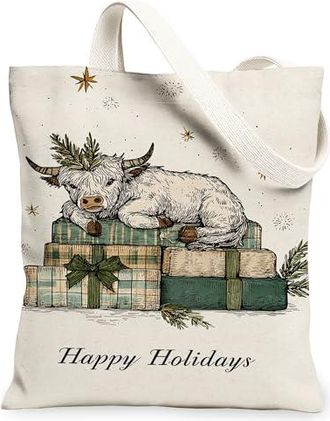 Generic Sacs fourre-tout en toile motif vache, sacs d&eacute;picerie r&eacute;utilisables, rustiques, l&eacute;gers, lavables, beige, 13x15 Inch