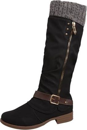 Generic Bottes hautes pour femme - Style d&eacute;contract&eacute; et confortable - Col en tricot &eacute;l&eacute;gant - Boucle &agrave; talon bas - Fermeture &eacute;clair lat&eacute;rale - Bottes d&eacute;quitat