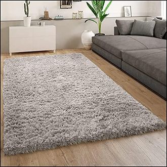 Paco Home Tapis Salon Chambre Adulte Poil Long Shaggy Pelucheux Moderne Uni, Dimension:200 cm carré, Couleur:Gris