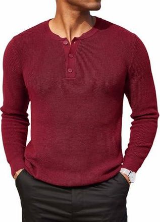 Coofandy Henley Pull dhiver en tricot pour homme avec boutons Pull en tricot épais gaufré, rouge bordeaux, XL