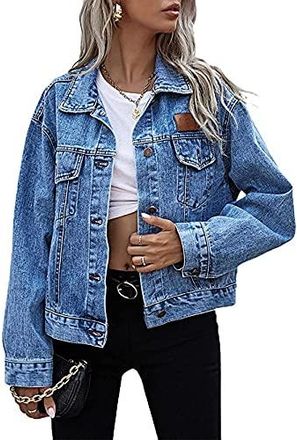 Lazutom Veste oversize en jean délavé à manches longues pour femme, bleu, 36