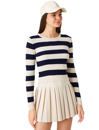 Koton Women Crop Stripe Sweater Crew Neck Long Sleeve Ribbed