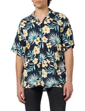 Jack & Jones Herren JJJEFF FLORAL AOP Resort Shirt SS Hemd 12252390,Navy Blazer,XS