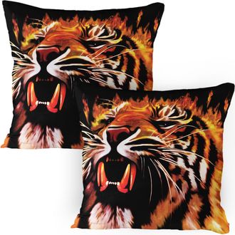 Abakuhaus Safari Kissenbezug Packung mit 2, Feuer Power Tiger Flammt Jäger Waldkönig Tier Streifen Pelzgroßes Tier, Dekorativer Standard Gedruckter Kissenbezug,