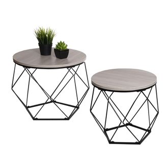 Mendler Couchtisch-Set HWC-L37, Kaffeetisch Beistelltisch Loungetisch, Metall Holz - Eiche-grau-Optik