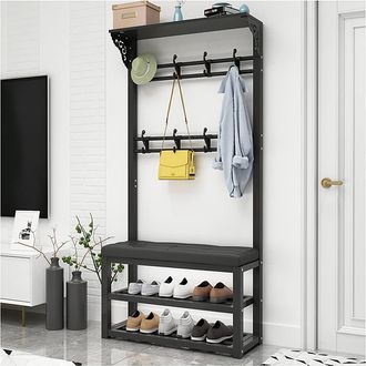 Generic Industrial Entryway Bench with Coat Rack, 4-in-1 Mudroom Hall Tree, Shoe Storage Shelves, Cushioned Seat, Hooks - Stylish Entryway Furniture for nized
